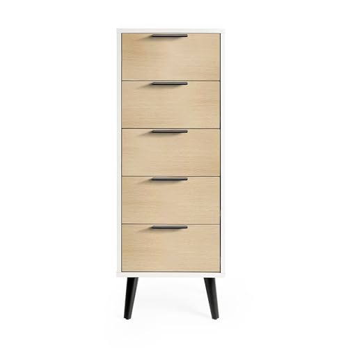 Julian Bowen Alba 5 Drawer Narrow Chest-Soft Close, White and Oak, 120. ...