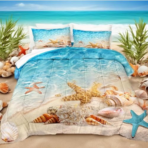Bedbay Starfish Beach Comforter Set Ocean Bedding Set Aqua Blue Shell ...