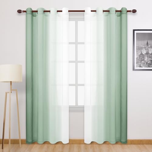 DWCN Light Sage Faux Linen Ombre Sheer Curtains - 96 inches Long Gradient Semi Voile Curtains ...