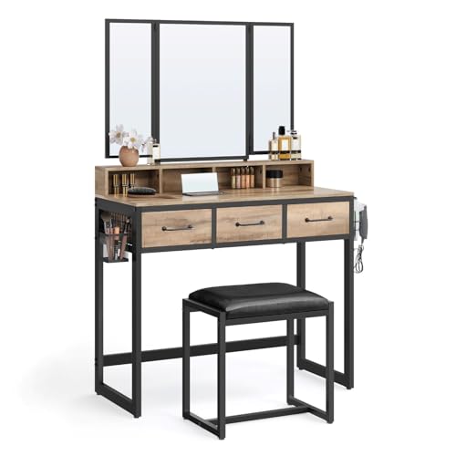 VASAGLE Dressing Table with Mirror and Stool, Vanity Table with Tri ...