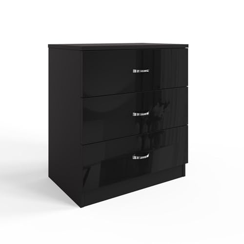 FWStyle Black Gloss 3 Drawer Chest. Large drawers. Matt Black Frame ...