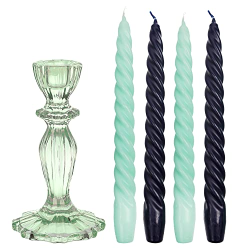 1 x Green Coloured Glass Candlestick Candle Holder & 4 x Luxury Italian ...