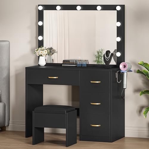 DWVO Vanity Table and Stool with LED Bulb Mirror, Dressing Table with ...