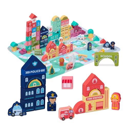 Relaxdays Wooden City Blocks Set x100, Puzzle Mat, Buildings, Letters ...