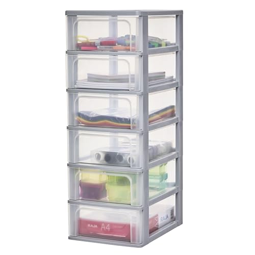Iris Ohyama Plastic Storage Drawers Unit, 6 Shallow Drawers, Grey, Easy ...