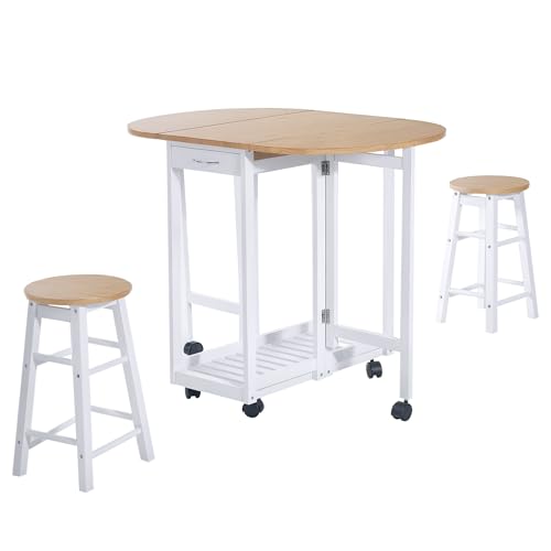 HOMCOM 3 Pieces Dining Room Set, Mobile Foldable Dining Table and 2 ...