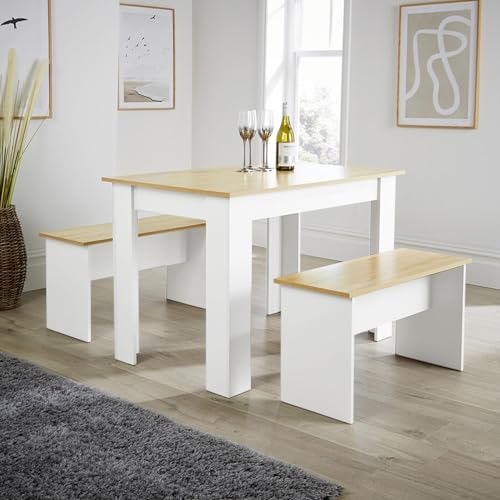 Home Source Kitchen Dining Table, 2 Benches to Seat 4, Oak Effect Top ...