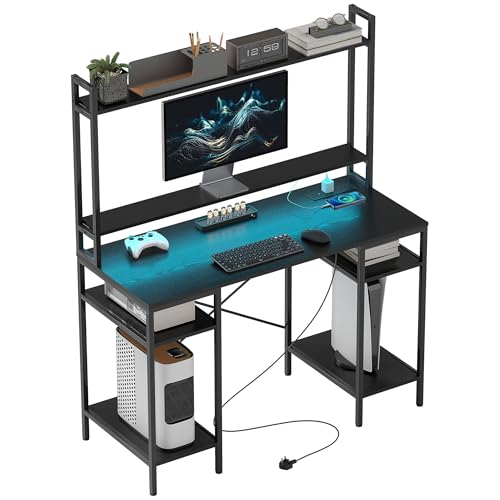 HOMCOM Computer Desk with Power Outlets and LED Lights, Home Office ...