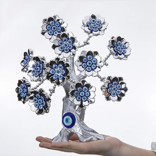 YU FENG Silver White Flowers Tree with Turkish Blue Evil Eyes Amulet ...