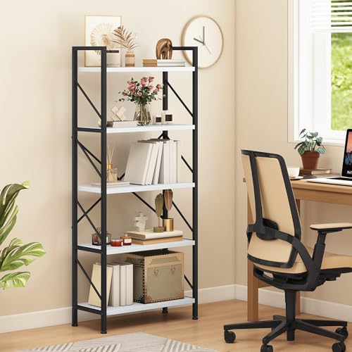 DWVO 5 Tiers Book Shelf, Wood and Metal Bookcase Storage Organizer ...