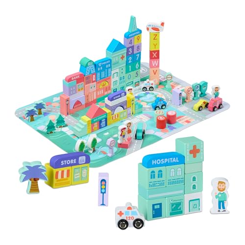 Relaxdays Wooden City Blocks Set x108, Puzzle Mat, Buildings, Letters ...