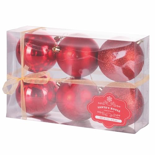 Set of 6 Assorted Red Christmas Baubles, Gloss, Satin and Glitter ...