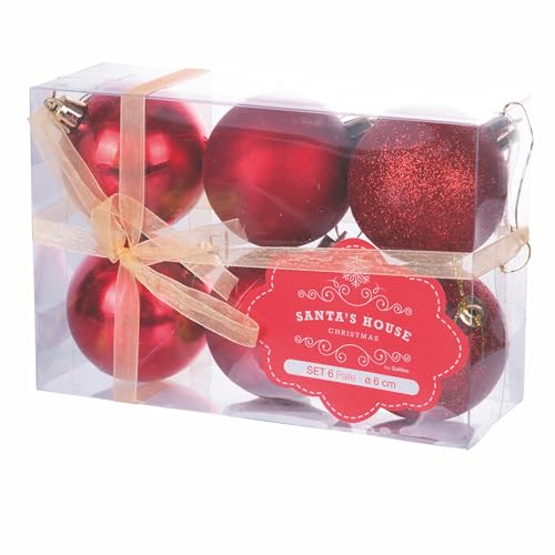 Set of 6 Assorted Red Christmas Baubles, Gloss, Satin and Glitter ...