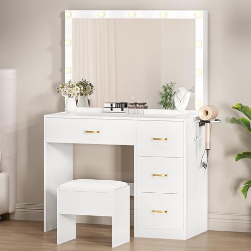 DWVO Vanity Table and Stool with LED Bulb Mirror, Dressing Table with ...