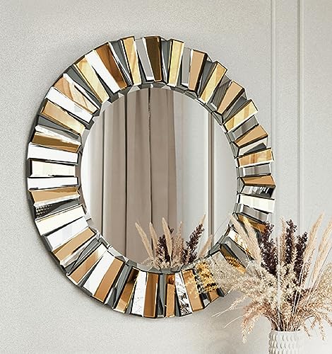 CARME Knightsbridge Luxury Round Wall Mirror Bevelled 3D Mirrored Glass ...