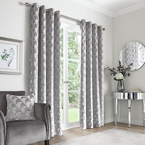 Appletree - Silver Jacquard Curtains W66 x L72 (168 x 183cm) - White ...