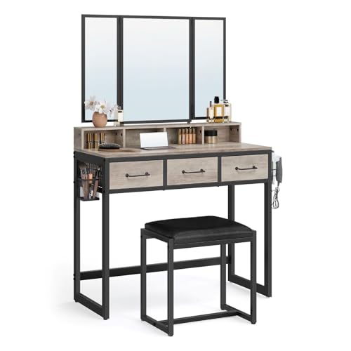 VASAGLE Dressing table with 3-piece folding mirror, hair dryer holder ...