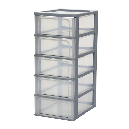 Iris Ohyama Plastic Storage Drawers Unit, 5 Shallow Drawers, Grey, Easy ...