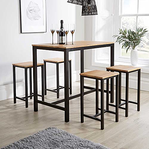 Home Source Kitchen Dining Breakfast Bar Set, Wooden Table Top, Black ...
