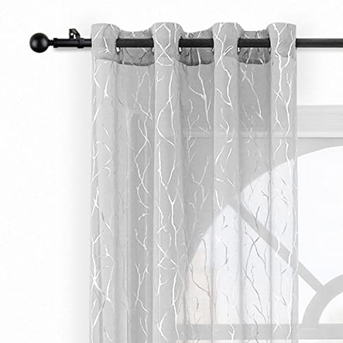 Kotile Tree Branch Grey Sheer Curtains - Grommet Top Metallic Silver ...