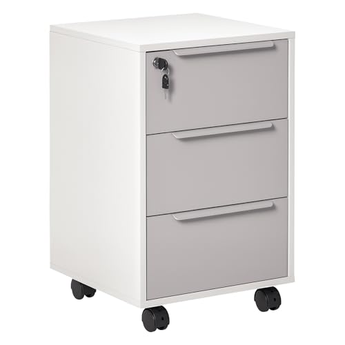 HOMCOM 3-Drawer Lockable Filing Cabinet, File Cabinet on Wheels, Mobile ...