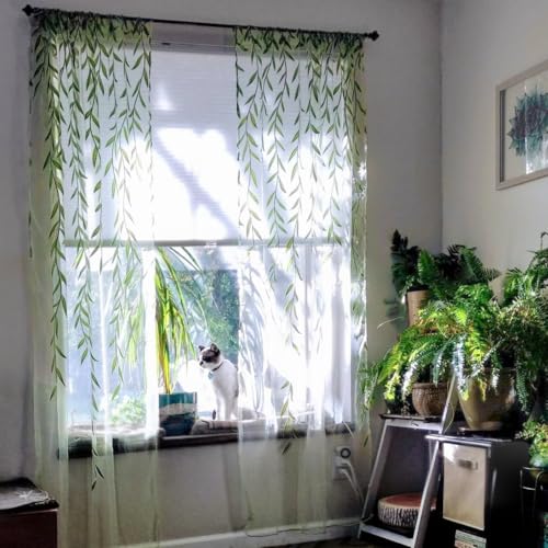 BROSHAN Green Sheer Window Curtain - 2 Panel Leaf Printed Sheers With ...
