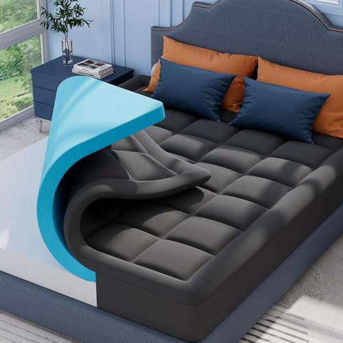 ELEMUSE Gray Memory Foam Mattress Topper with Fluffy Pillow Top Cover ...