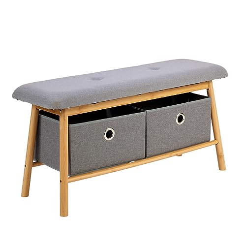 Home Source Jenson Bamboo Bench with Grey Padded Seats, 2 Pull Out ...