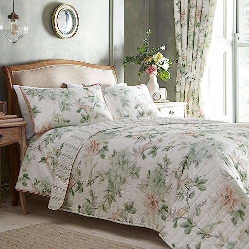 Appletree - Green Floral & Birds Quilted Bedspread - 230 x 200cm ...