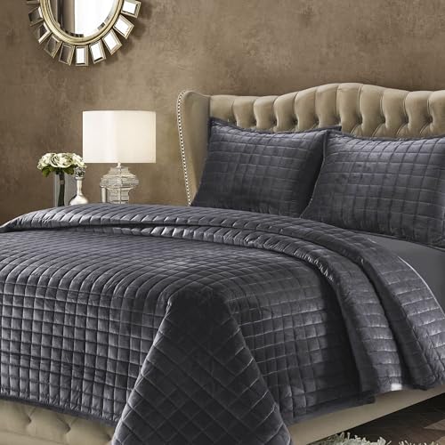 Tribeca Living Velvet Twin Quilt Set, Two-Piece Box Stitch Bedding Set ...