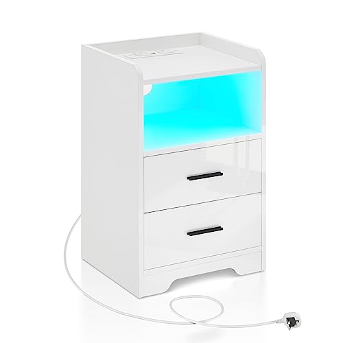 TUKAILAi White Gloss Bedside Table with LED Light, 2 Storage Drawers ...