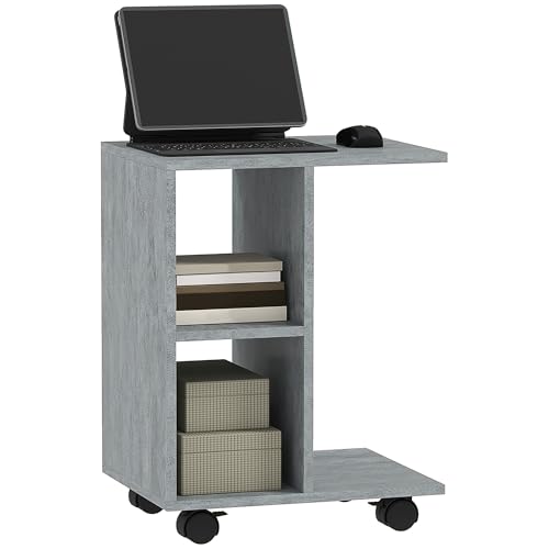HOMCOM C-Shape End Table Unique Storage Unit w/ 2 Shelves 4 Wheels ...