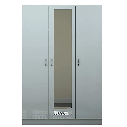 FWStyle 3 Door Mirrored & Modern Wardrobe Grey High Gloss Bedroom ...