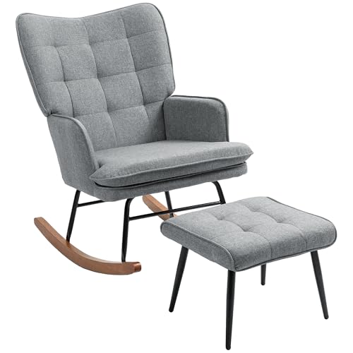 HOMCOM Rocking Chair and Ottoman Set, Fabric Armchair with Footstool ...