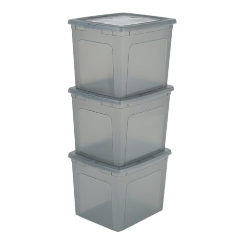 Iris Ohyama Versatile Storage Boxes, 30L, Set of 3, Grey, Easy Latch ...