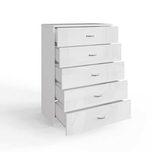 FWStyle White High Gloss Tall 5 Drawer Chest Bedroom Furniture Matt ...