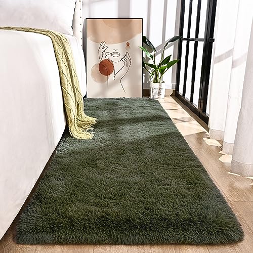 Przemy Fluffy Runner Rug for Bedroom Living Room, 2x6 Feet Olive Green Shag Area Rugs, Soft ...