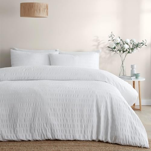 Serene Seersucker Duvet Cover – White Double Bedding 200x200cm – Soft Touch Textured Fabric ...