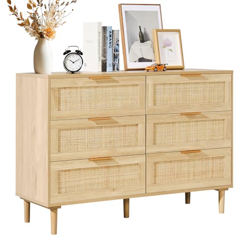 VEVOR Natural Rattan Closet 6 Drawers, Modern Wood Chest Clothing ...