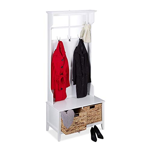 Relaxdays Coat Rack Farmhouse, with Mirror, Bench & Storage, 5 Hooks ...