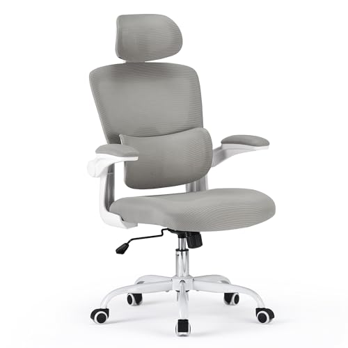 White Ergonomic Office Chair with Flip-up Armrests,Adjustable Headrest ...