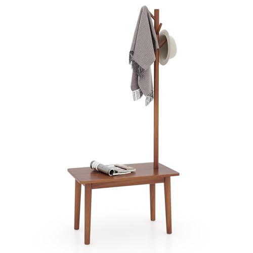 COSTWAY 3 in 1 Solid Wood Side Table, Coat Stand with Shoe Bench & 3 ...