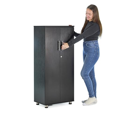 MMT Black Wooden Storage Cupboard – Lockable 2-Door Cabinet with 2 ...