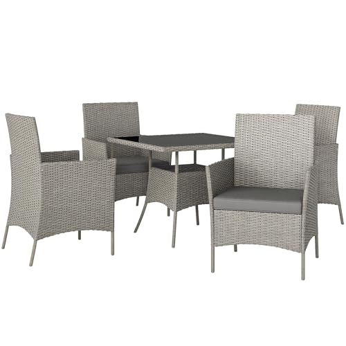 Outsunny 4 Seater Rattan Dining Set with Cushions, 5 Pieces Garden ...