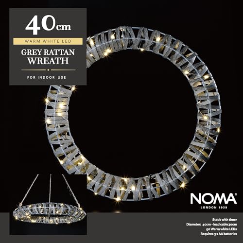 NOMA Grey Christmas Rattan Wreath, 60 Duo Bulb Lights, 40cm (Pack of 1 ...