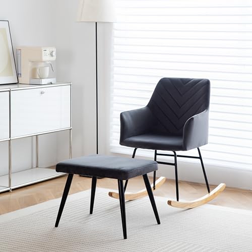 Merax Upholstered Rocking Chair with Footstool, Wooden Legs, Soft ...