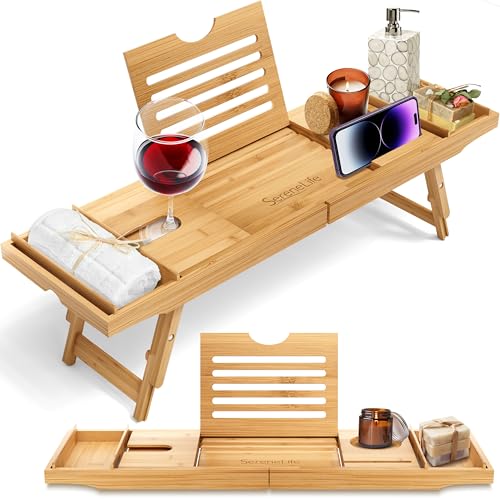 SereneLife Bath Caddy Breakfast Food Tray Table Combo, Extendable ...
