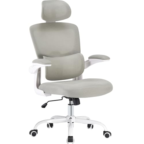White Ergonomic Office Chair with Flip-up Armrests,Adjustable Headrest ...
