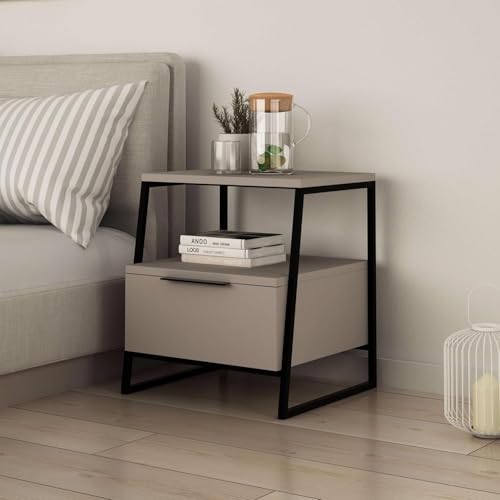 FWStyle Mocha Grey Modern Bedside Table with Drawer - H50 X W45 X D41cm ...