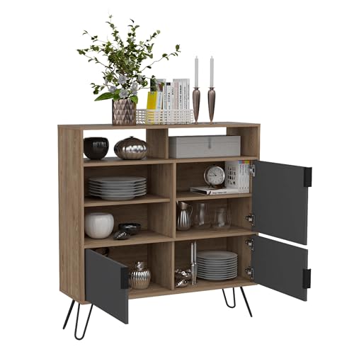 Home Source Tall Sideboard TV Cabinet Cupboard, 3 Open Shelves, Oak ...